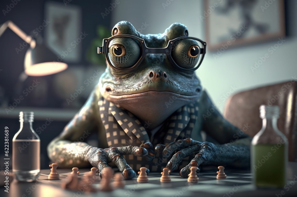 AI generated illustration of a wise frog with glasses and home outfit ...