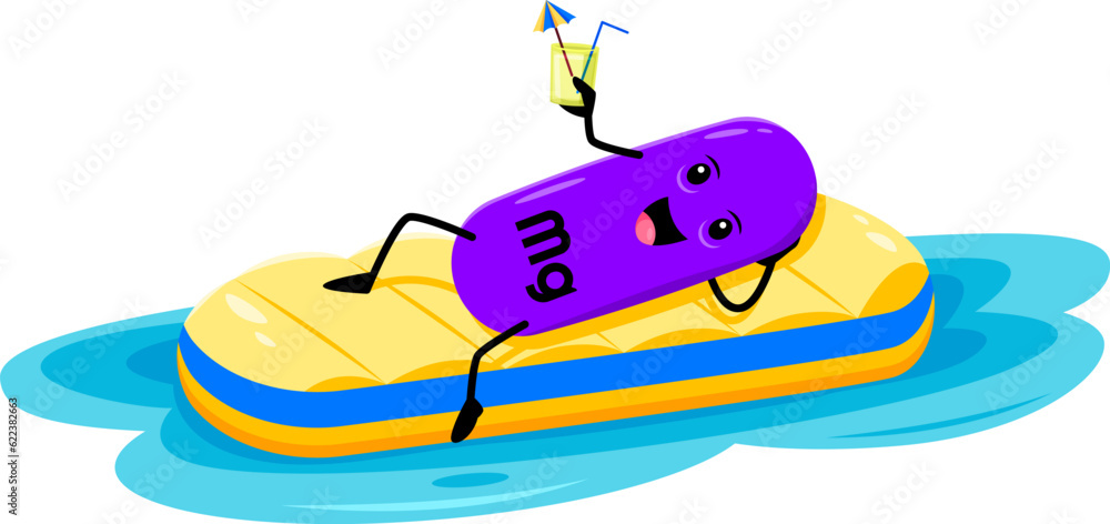 Cartoon magnesium micronutrient character on air mattress. Vector Mg ...