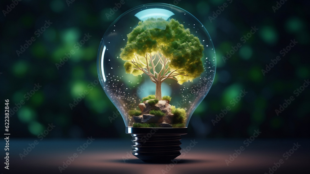 Light bulb with green tree inside with energy resources icon. Electricity and energy saving ...