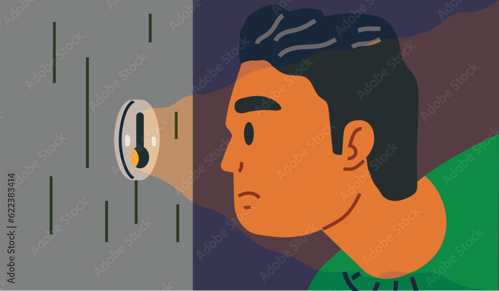 Worried dissatisfied man peeps through keyhole, peeping and peeking ...