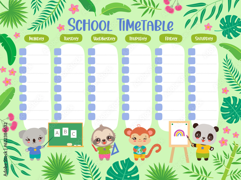 Weekly planner for elementary school. Timetable schedule template. Back ...