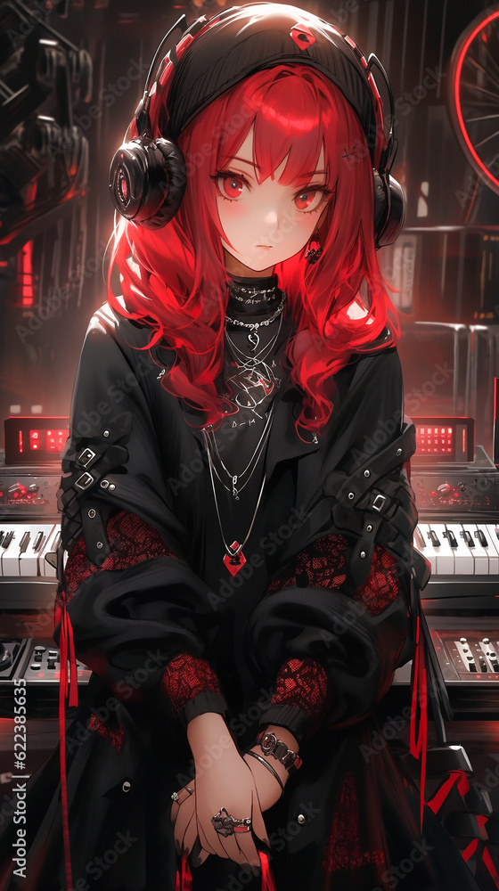 Gothic lo-fi anime character. DJ girl artist in a black dress with red ...
