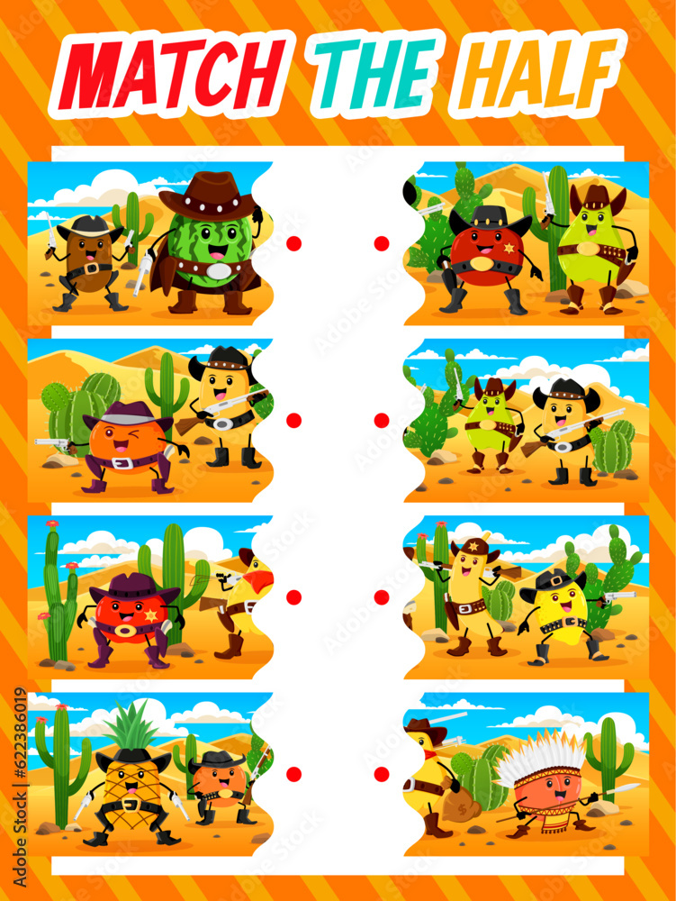Vetor do Stock: Match half of cartoon cowboy, sheriff and robber fruits ...
