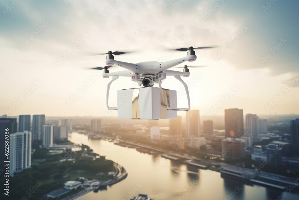 drone carry package, Photographic Capture of a White Drone Carrying a ...