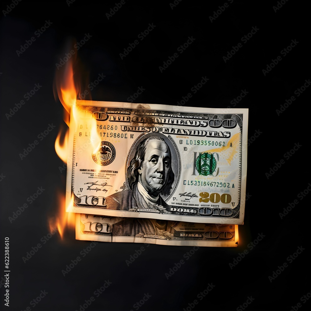 AI generated digital art of a burning dollar bill on a black background ...