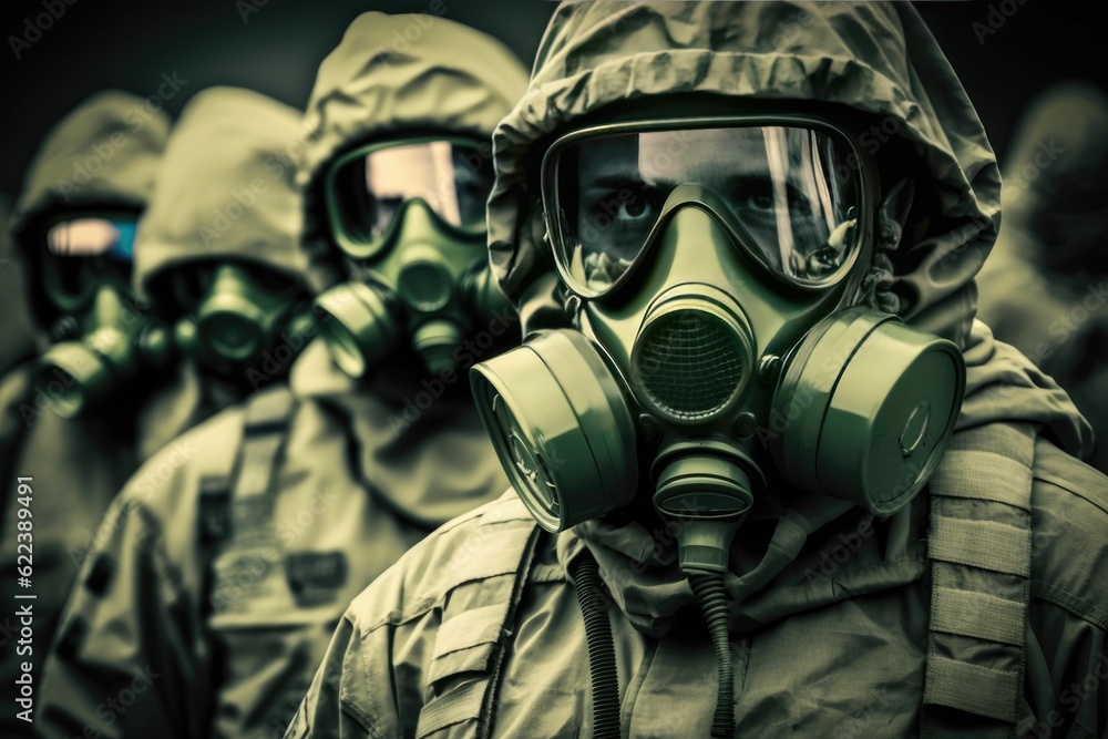 AI-generated illustration of military personnel wearing hazmat suits ...