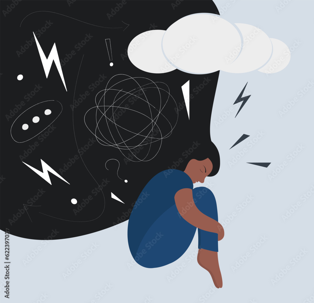 Depressed black female person with flowing hair. Mental illness. Vector ...