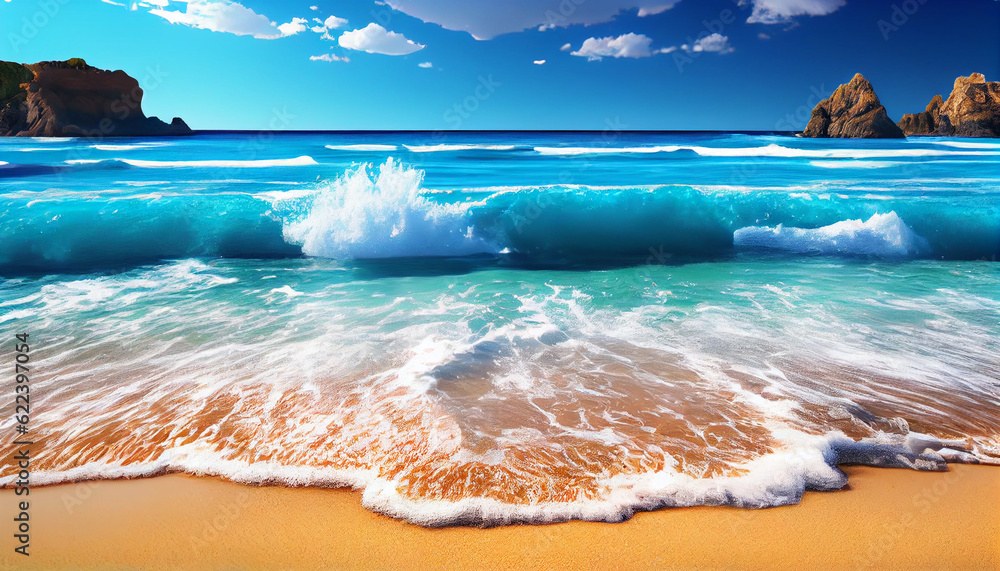 Beautiful and peaceful sea sandy coast, sunny summer beach scene ...