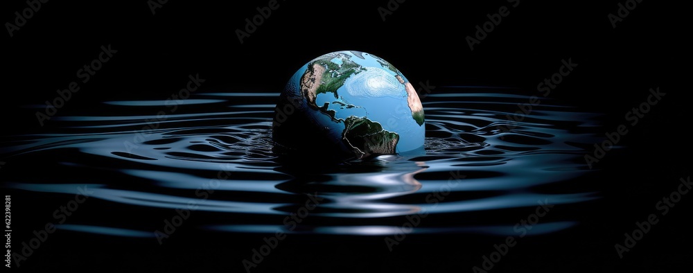 Water, planet and climate change with the earth in a puddle as a symbol ...