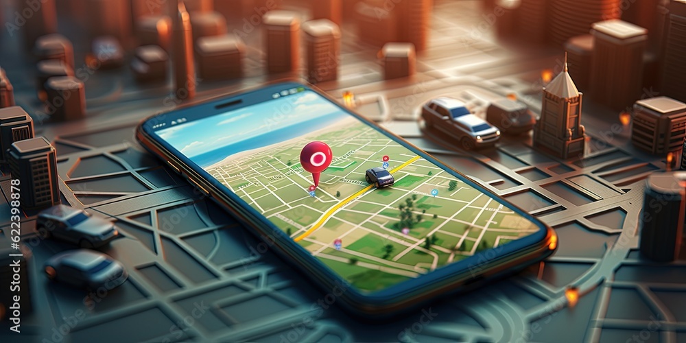 Mobile phone with open satellite map app and location pin on screen ...