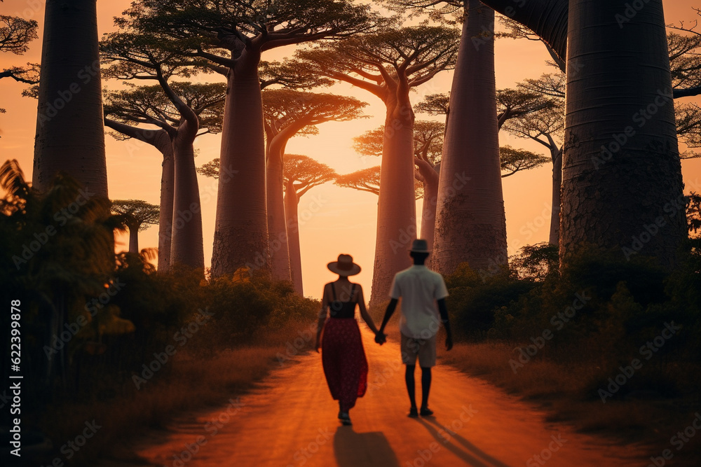 Young couple traveling and walking in Madagascar. Road with baobab ...