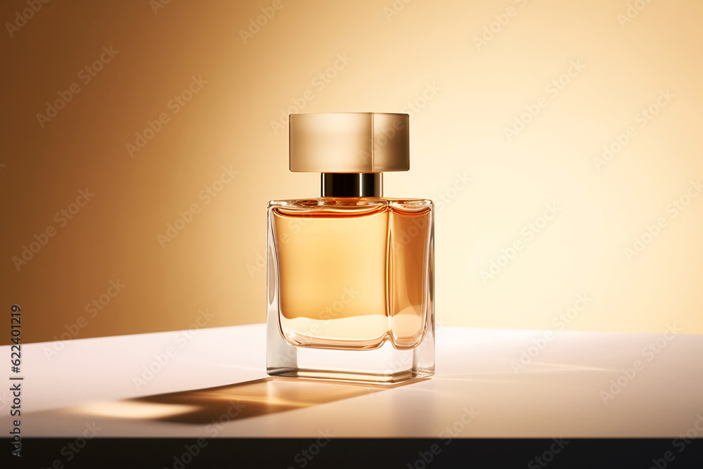 Transparent bottle of female perfume on pastel background. Fragrance ...