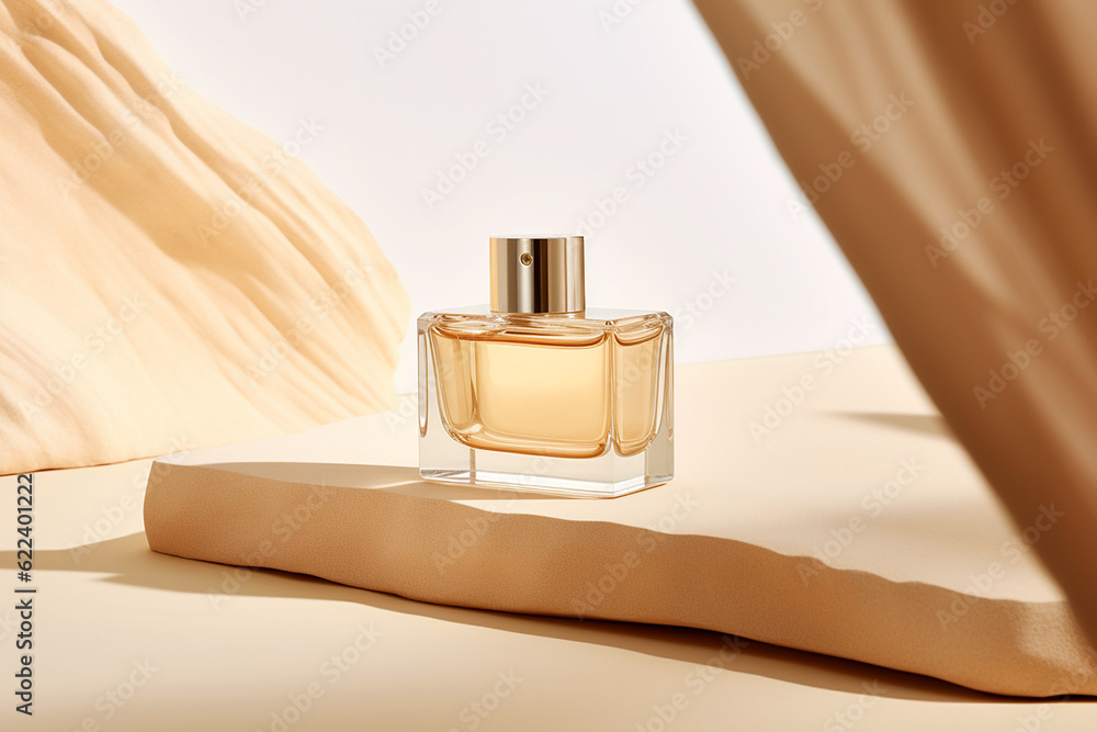 Transparent bottle of female perfume on pastel background. Fragrance ...