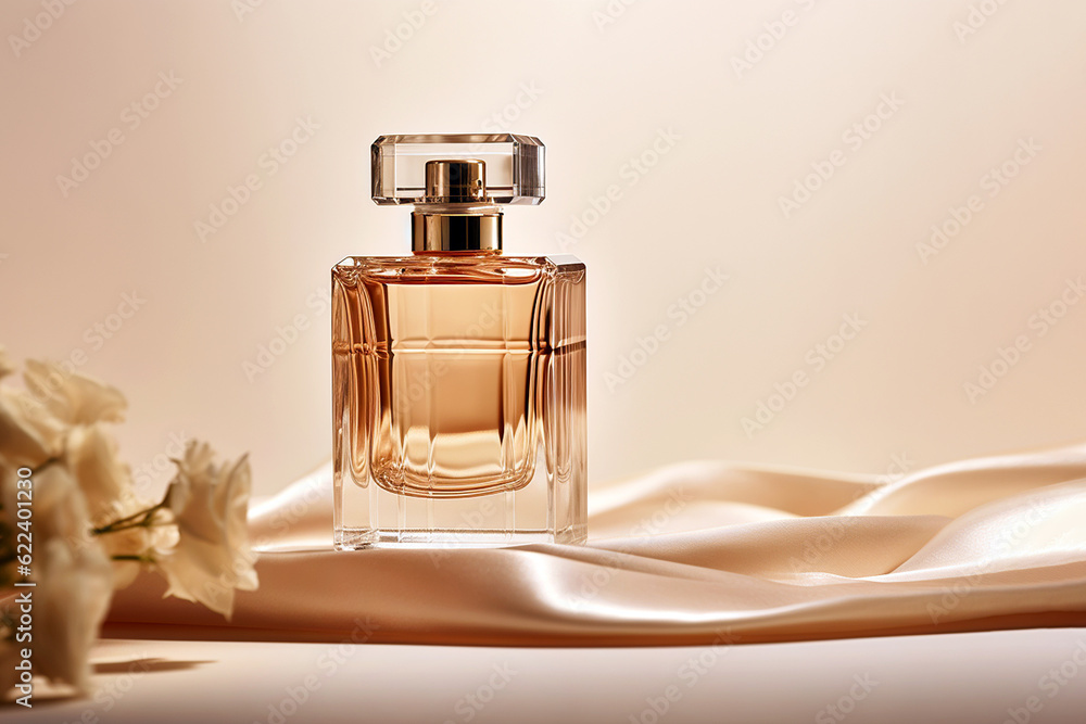 Transparent bottle of female perfume on pastel background. Fragrance ...