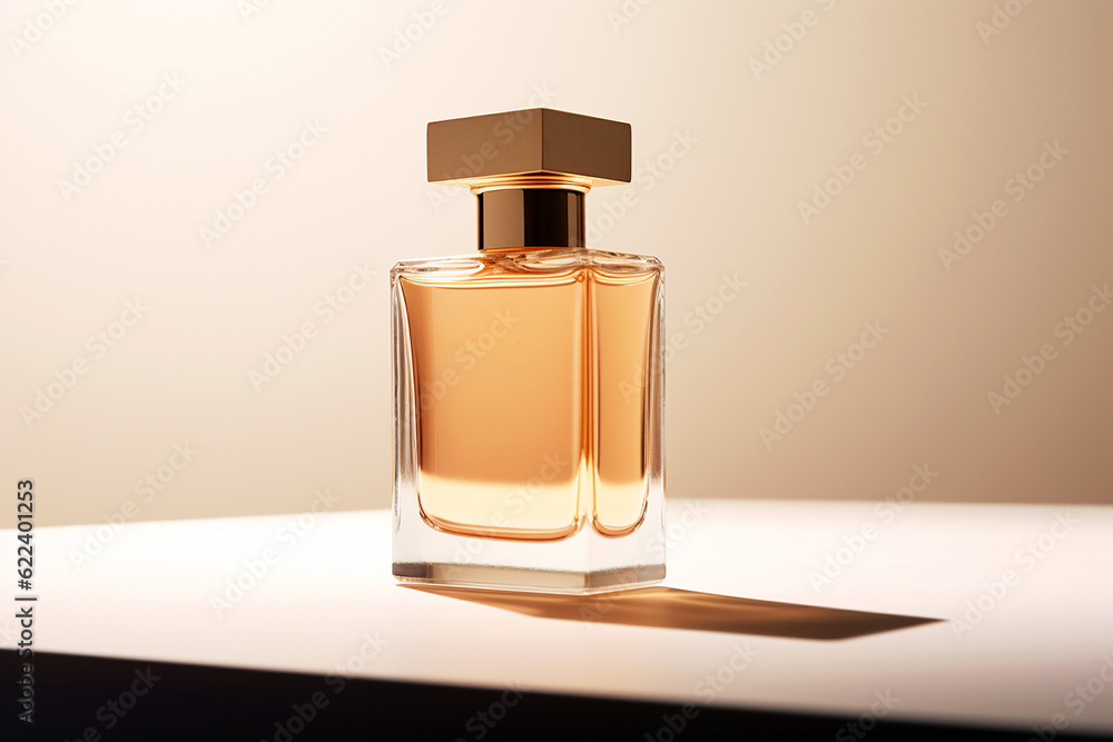 Transparent bottle of female perfume on pastel background. Fragrance ...