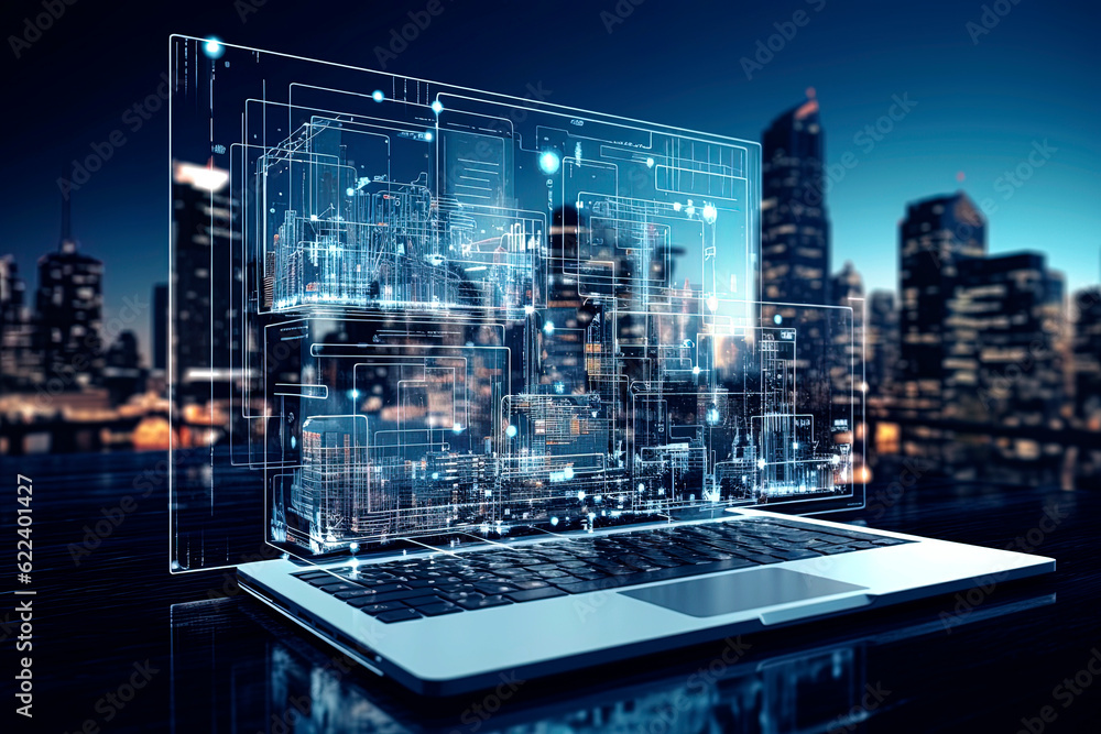 Generative AI computer screen view illustration of futuristic ...