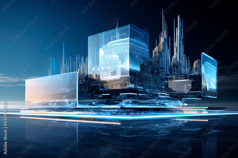 Generative AI computer screen view illustration of futuristic ...