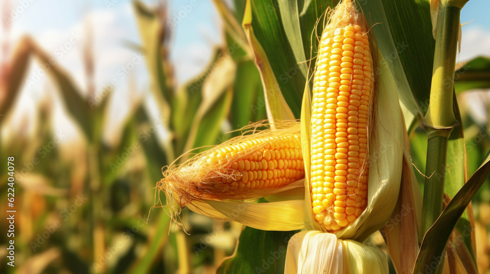 Ripe corn on the cob in corn plantation field, close-up.The concept of ...