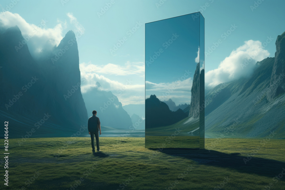 Man silhouette standing in mountain landscape with mirror portal ...
