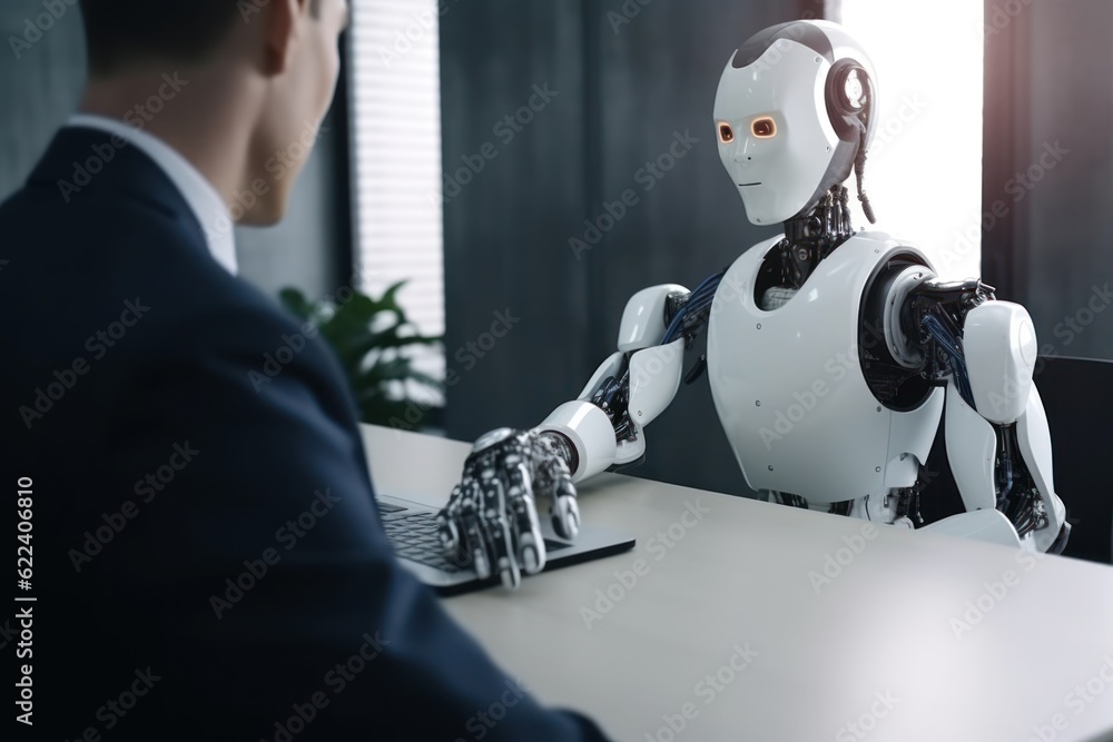 Man human sitting with robot behind the table, shaking hands, on job ...