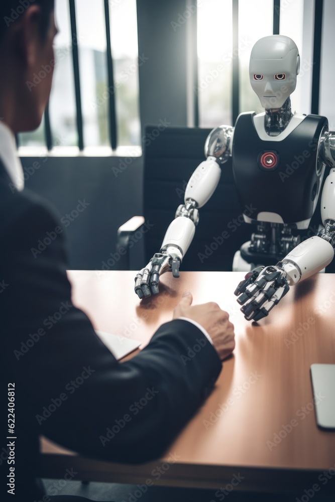 Man human sitting with robot behind the table, shaking hands, on job interview or negotiations ...