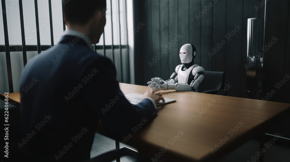 Man human sitting with robot behind the table, shaking hands, on job ...