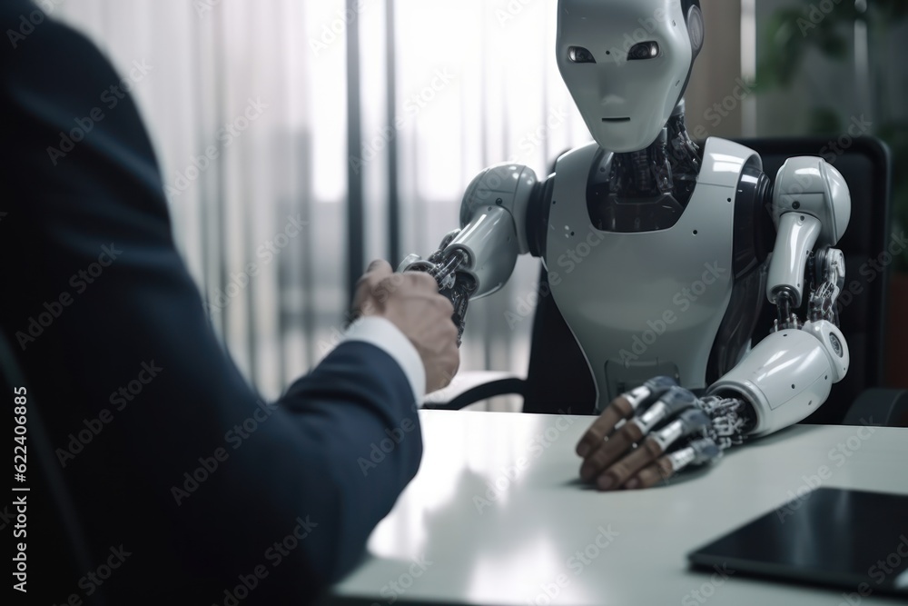 Man human sitting with robot behind the table, shaking hands, on job interview or negotiations ...