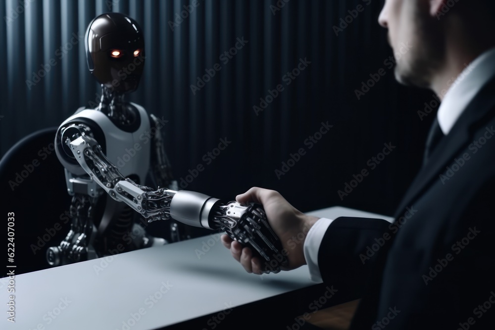 Man human sitting with robot behind the table, shaking hands, on job ...