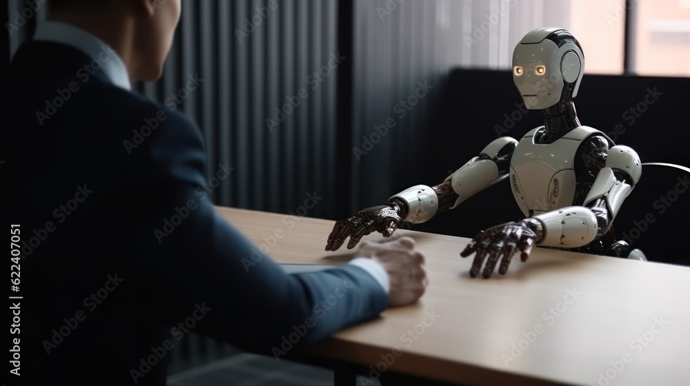 Man human sitting with robot behind the table, shaking hands, on job ...