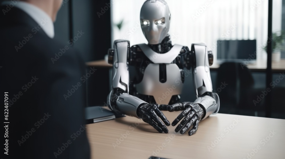 Man human sitting with robot behind the table, shaking hands, on job interview or negotiations ...