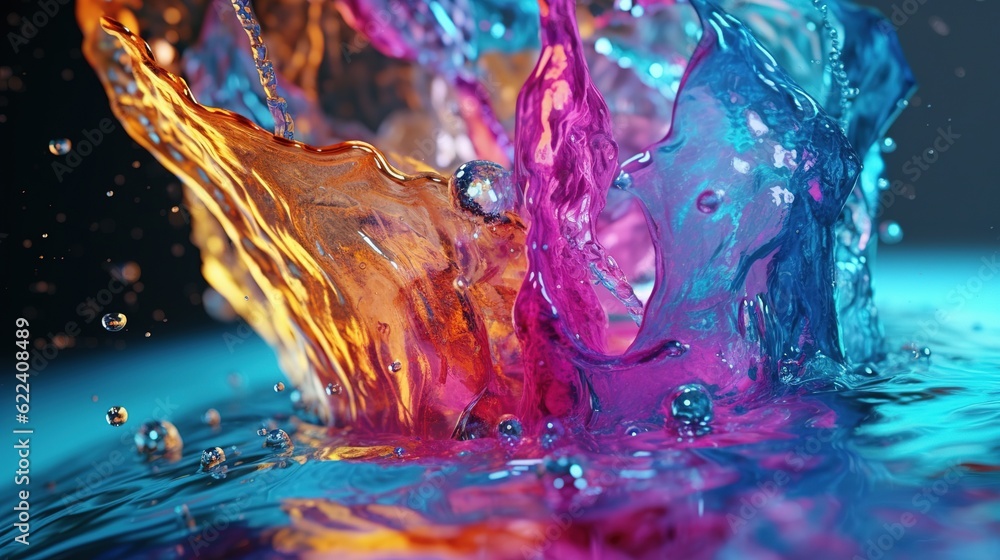 Closeup of a colossal water splash with bubbles and droplets. Abstract ...