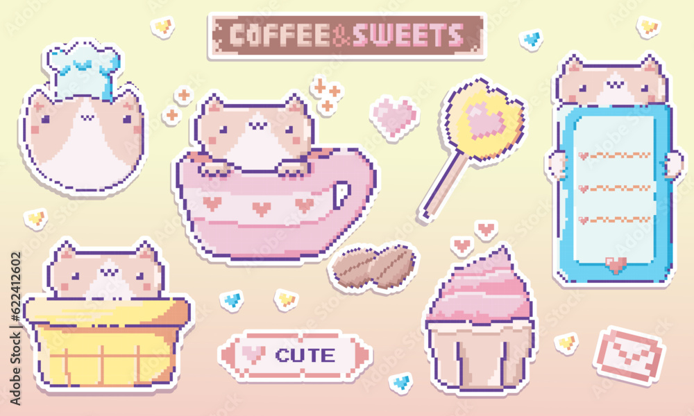 Set of cute vector stickers in pixel art style Stock Vector | Adobe Stock