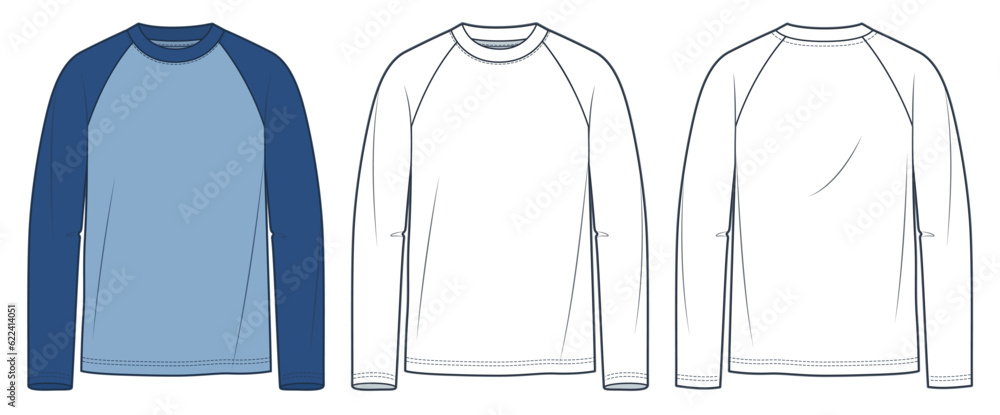 Raglan Sleeve Shirt technical fashion illustration, blue design. Long ...
