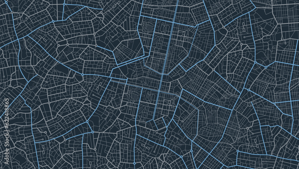 Blue city area, background map, streets. Skyline urban panorama ...
