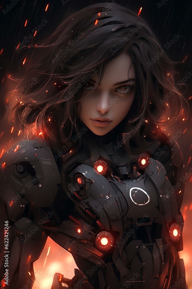female cyborg ready for battle, japanese animation style illustration ...