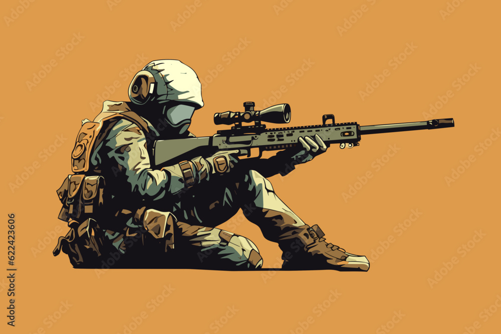 Doodle inspired Marine scout sniper, cartoon sticker, sketch, vector ...