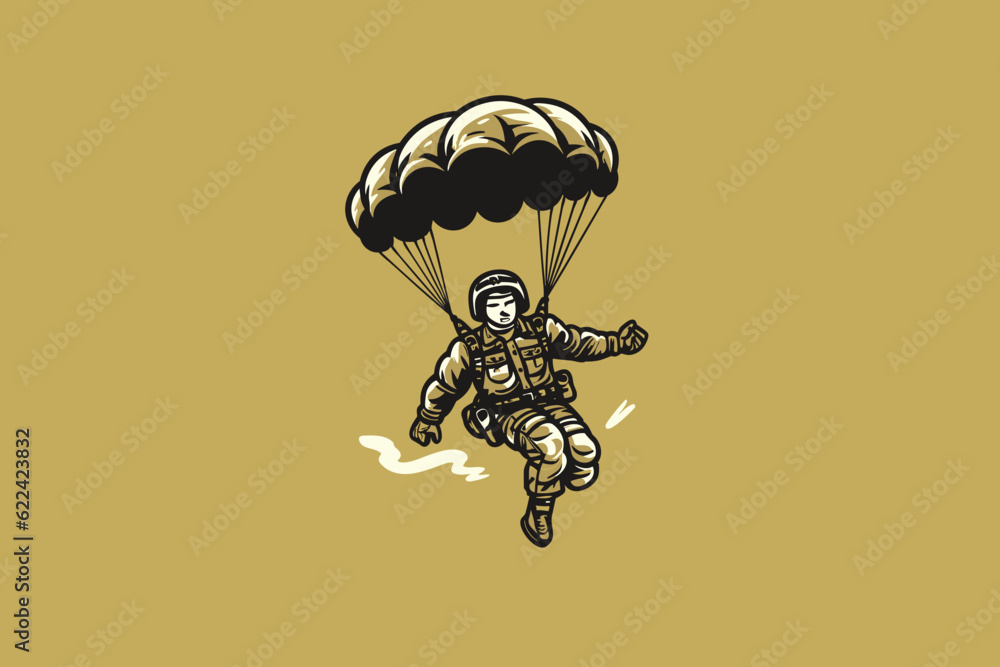 Doodle inspired Airborne paratrooper, cartoon sticker, sketch, vector ...