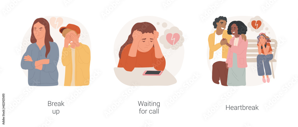 Teenage heartbreak isolated cartoon vector illustration set. Teen ...