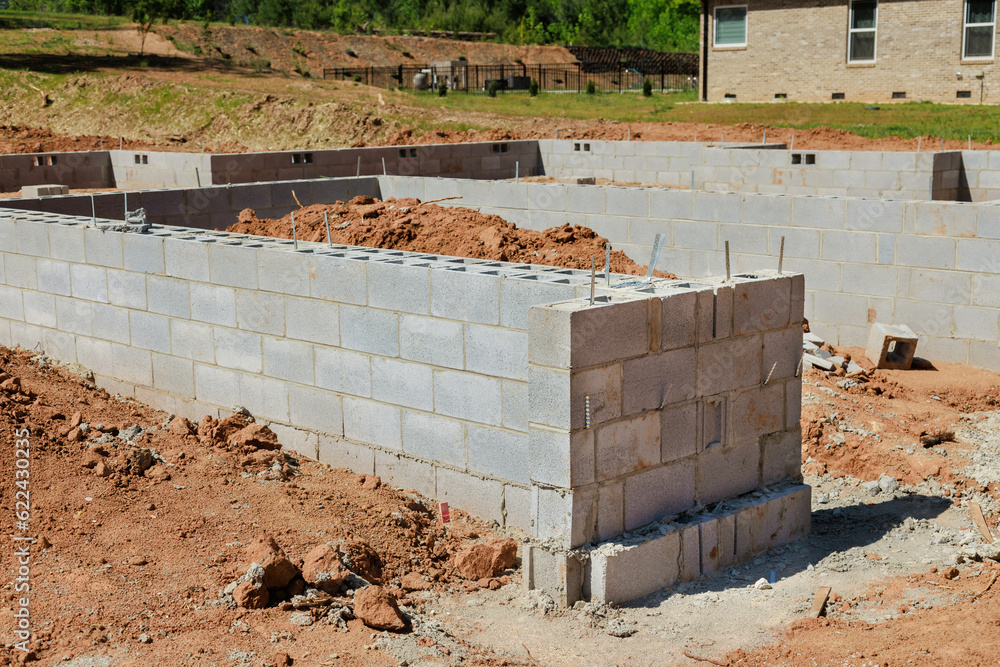 Masonry building foundation walls are located near house surrounded by ...