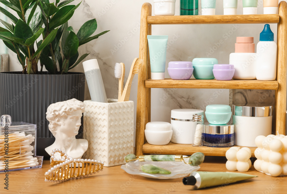 Care cosmetics on the shelf in the bathroom. Cosmetic tube. Cleanser ...