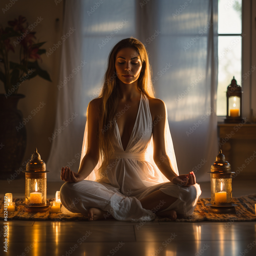 Woman in lotus pose on the floor of meditation room. Relaxed meditative ...