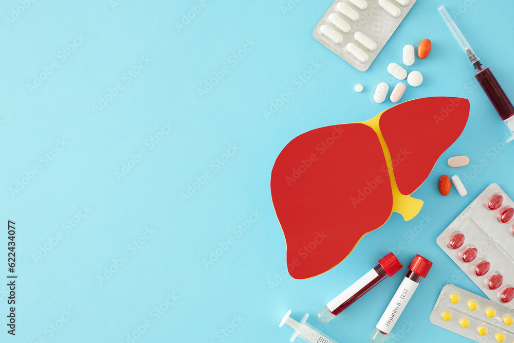 World hepatitis day concept. Top view shot of different pills, liver ...