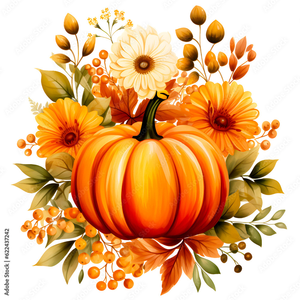Floral watercolor fall pumpkin clipart with transparent background ...