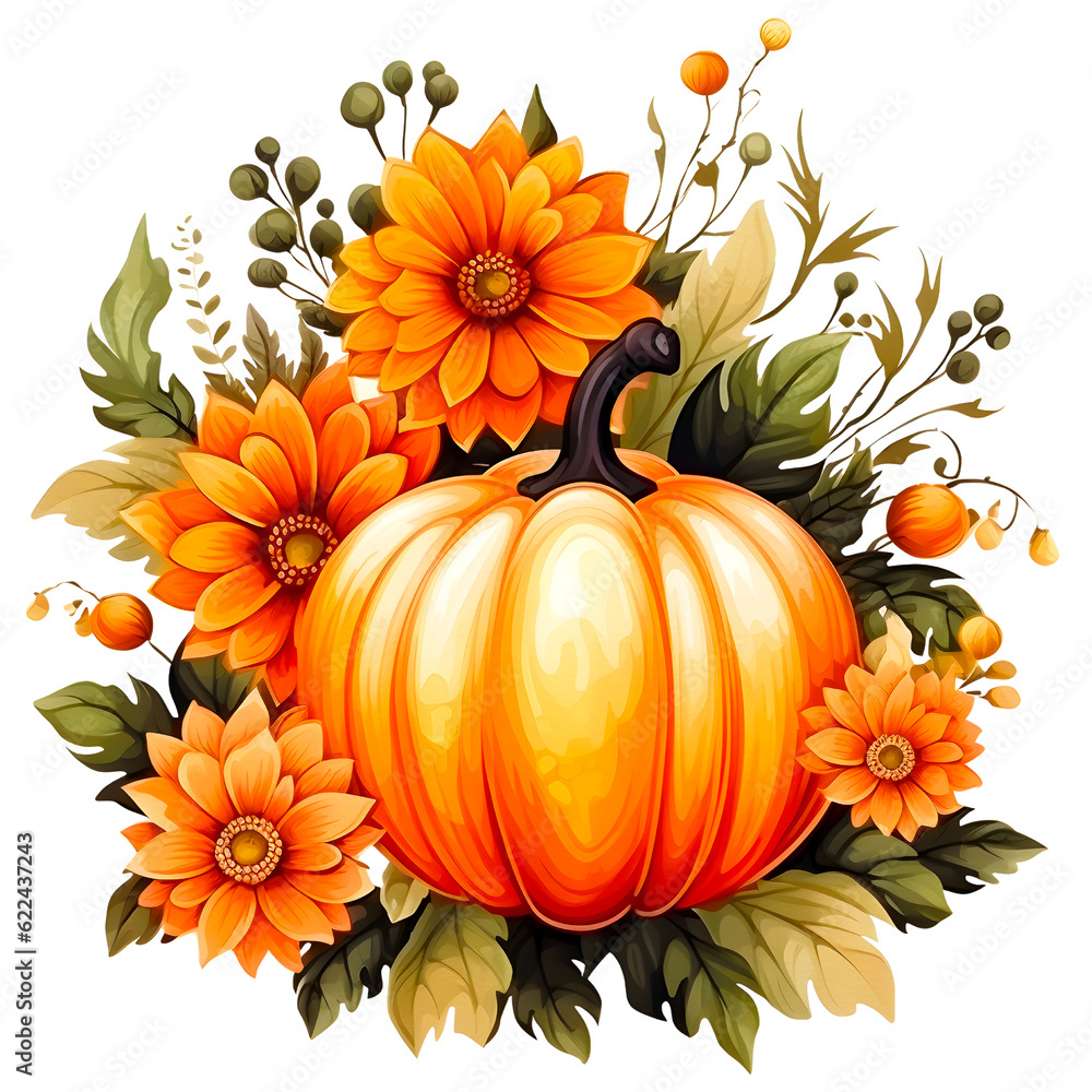 Floral watercolor fall pumpkin clipart with transparent background ...