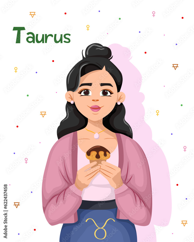 Astrology concept. A cute girl is holding a cupcake in her hands ...