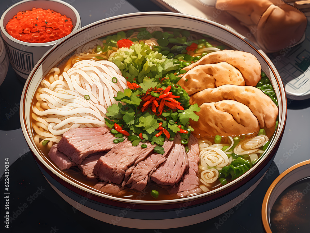 Pho Noodles illustration, Vietnamese noodle bowl with beef, Top view ...