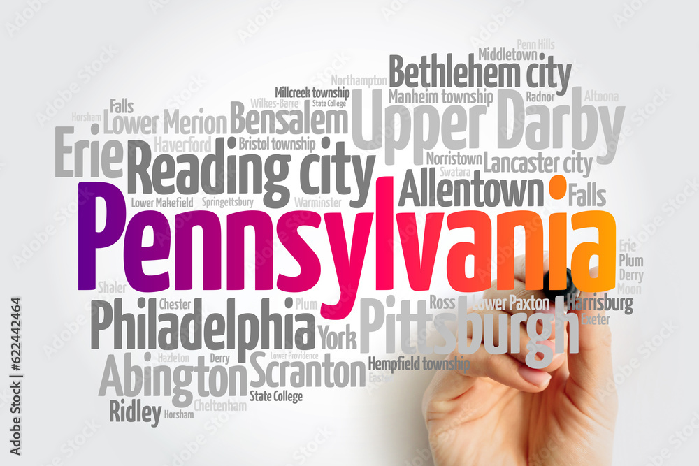 List of cities in Pennsylvania USA state, map silhouette word cloud map ...