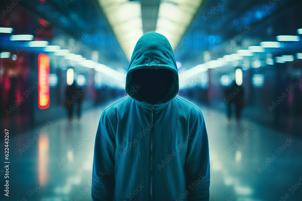 faceless person in a hoodie, digital hacker, glowing background, empty ...