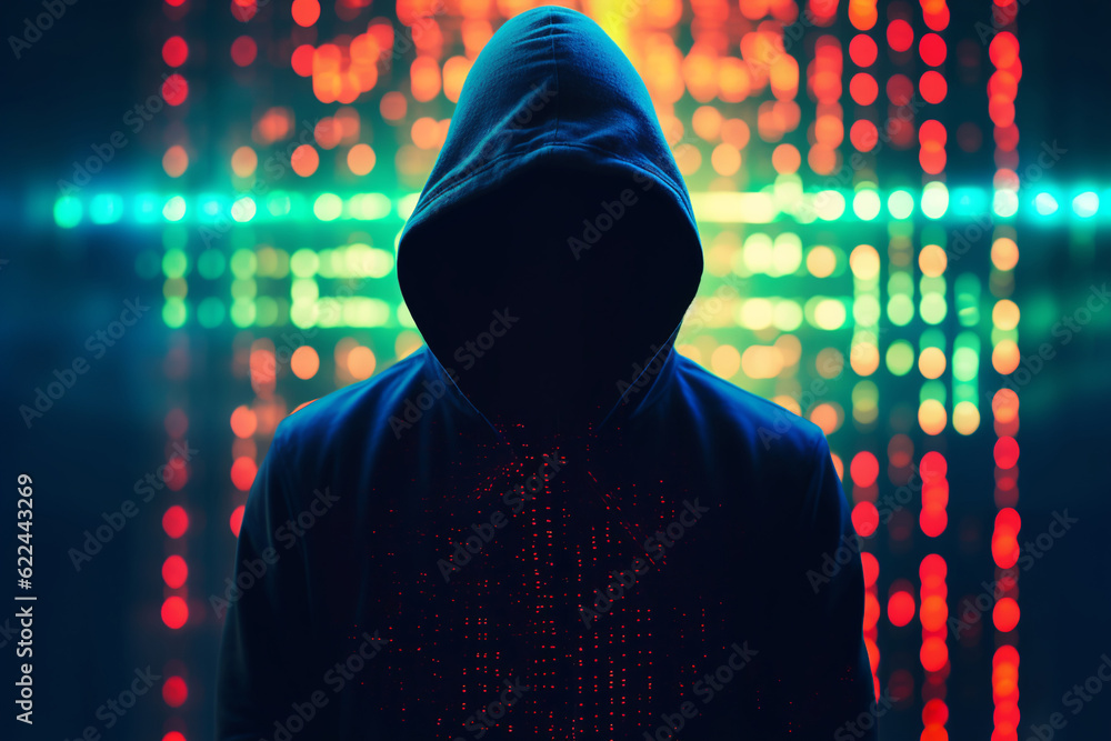 faceless person in a hoodie, digital hacker, glowing background, empty ...