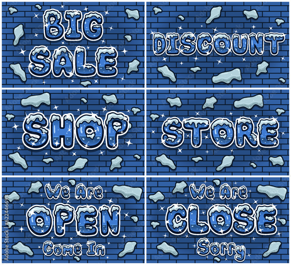 Set of Lettering With Snow Ice Font In Brick Wall Background For Sign ...